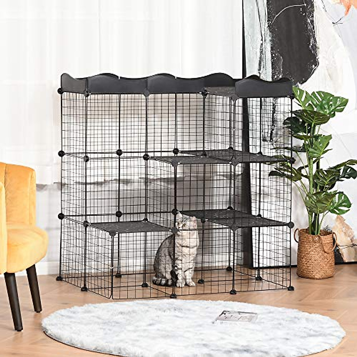 PawHut Pet Playpen Small Animal Cage Portable Metal Wire Yard Fence with Door, Ramp, Platform for Kitten, Ferret