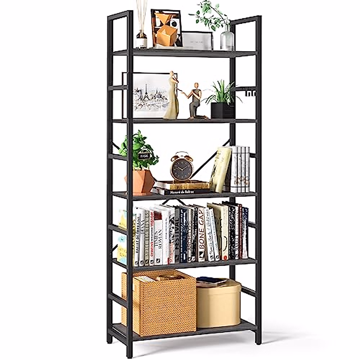 Yoobure 5 Tier Bookshelf - Tall Book Shelf Modern Bookcase for CDs/Movies/Books, Rustic Book Case Industrial Bookshelves Book Storage Organizer for Bedroom Home Office Living Room Grey
