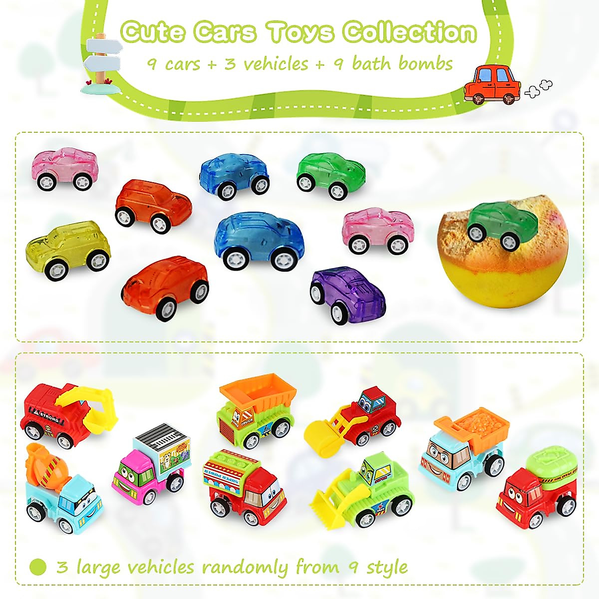 Bath Bombs for Kids with Surprise Inside, 9 Pack Pull-Back Cars Organic Rich Foam Color Bubble Set with 3 Multifunctional Vehicles, Gentle and Kids Safe for Boys Girls Birthday Christmas