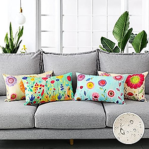 Artscope Set of 4 Decorative Throw Pillow Covers 12x20 Inches, Flowers Pattern Waterproof Cushion Covers, Perfect to Outdoor Patio Garden Living Room Sofa Farmhouse Decor