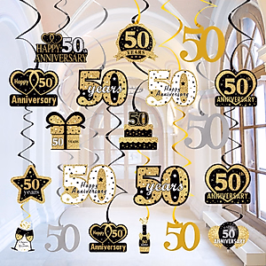 30pcs 50th Anniversary Decorations Hanging Swirl Party Supplies, Happy 50th Wedding Anniversary Hanging Swirl Decorations, Black Gold 50 Year Anniversary Theme Decor Sign