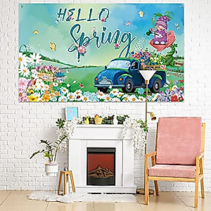 Hello Spring Decorations Spring Easter Photography Banner Gnome Blue Truck Daisy Backdrop Butterfly Flowers Background for Holiday Photo Prop Booth Indoor Outdoor, 43.3'' x 72.8''