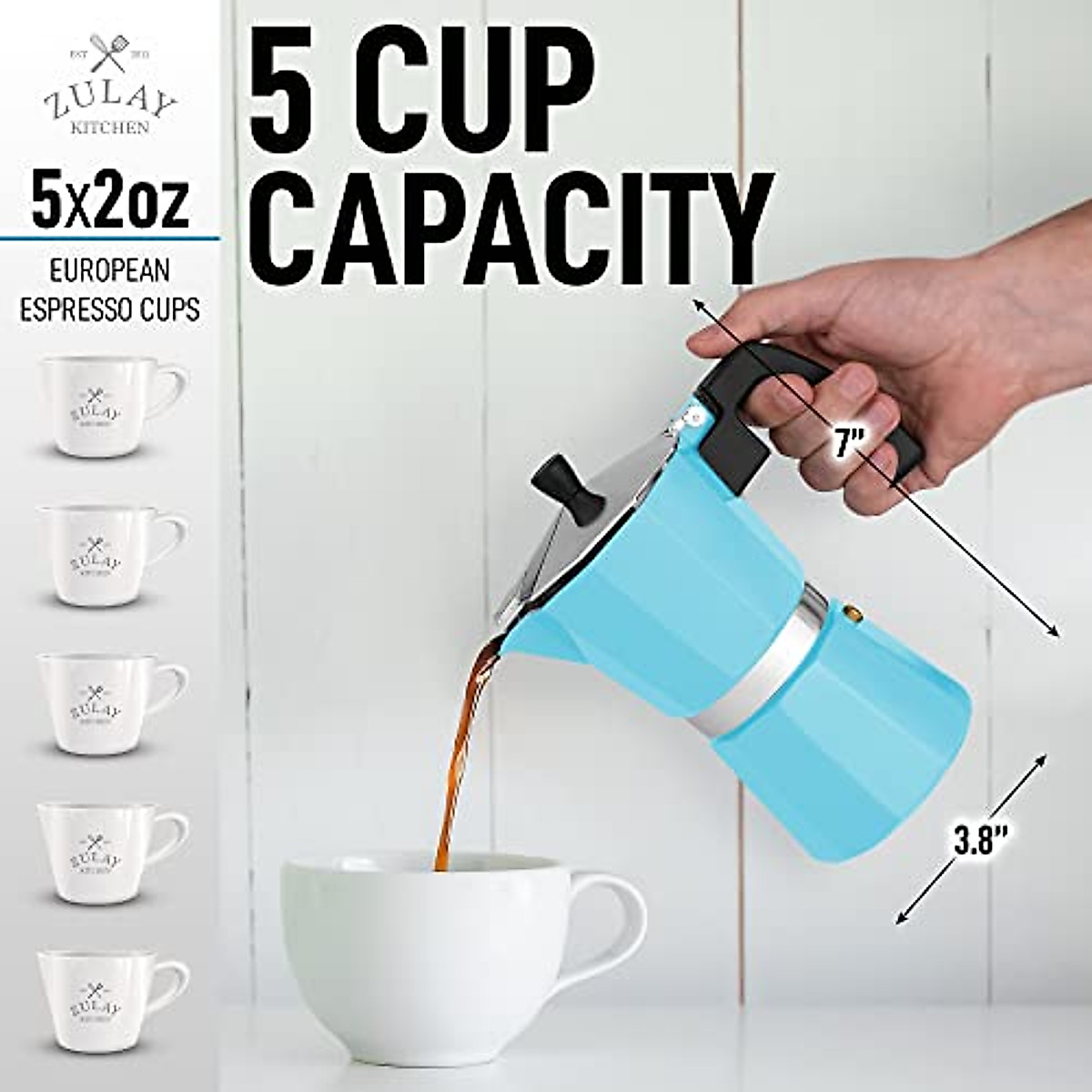 Zulay Classic Italian Style 5.5 Espresso Cup Moka Pot, Classic Stovetop Espresso Maker for Great Flavored Strong Espresso, Makes Delicious Coffee, Easy to Operate & Quick Cleanup Pot (Blue)