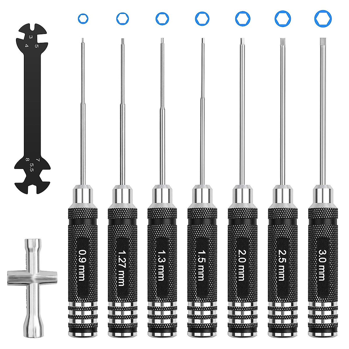 RC Hex Screwdriver Tool Set 0.9mm 1.27mm 1.3mm 1.5mm 2.0mm 2.5mm 3.0mm Hex Allen Screwdriver Kit with Hex Nut Driver & RC Car Wrench Tool Kit for Multi-Axis FPV Racing Drone RC Quadcopter Helicopter
