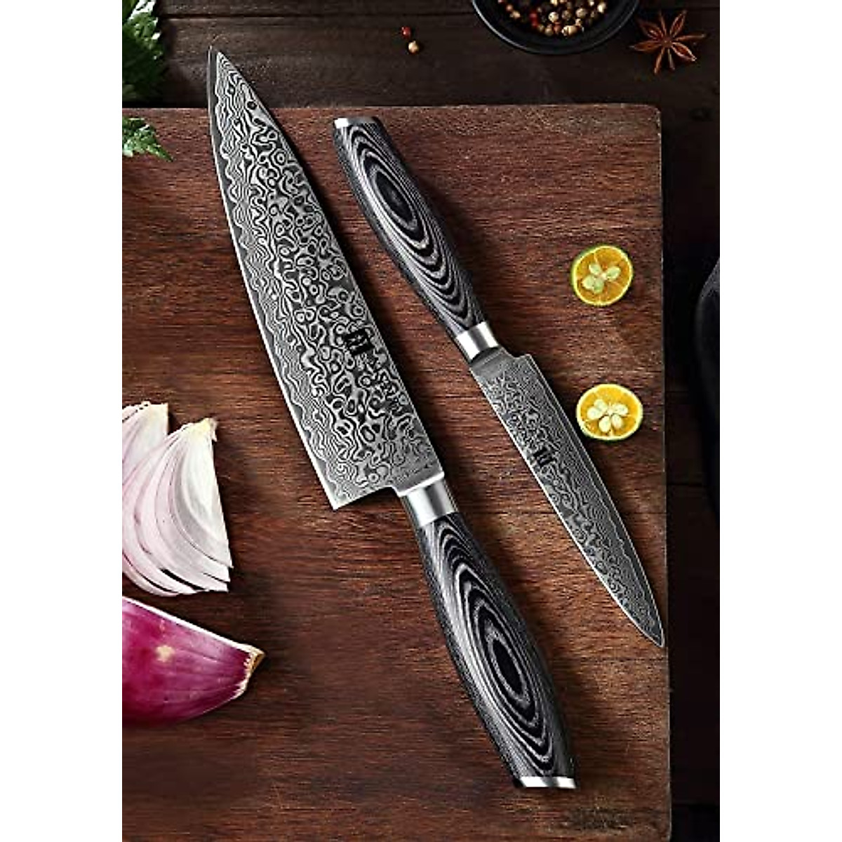 XINZUO Damascus 2Pcs Kitchen Knife Set, Hand Forged 67 Layers Damascus steel Chef Knife Utility Knife, Special cooking knife for restaurant kitchen, Ergonomic Pakkawood Handle - YA Series