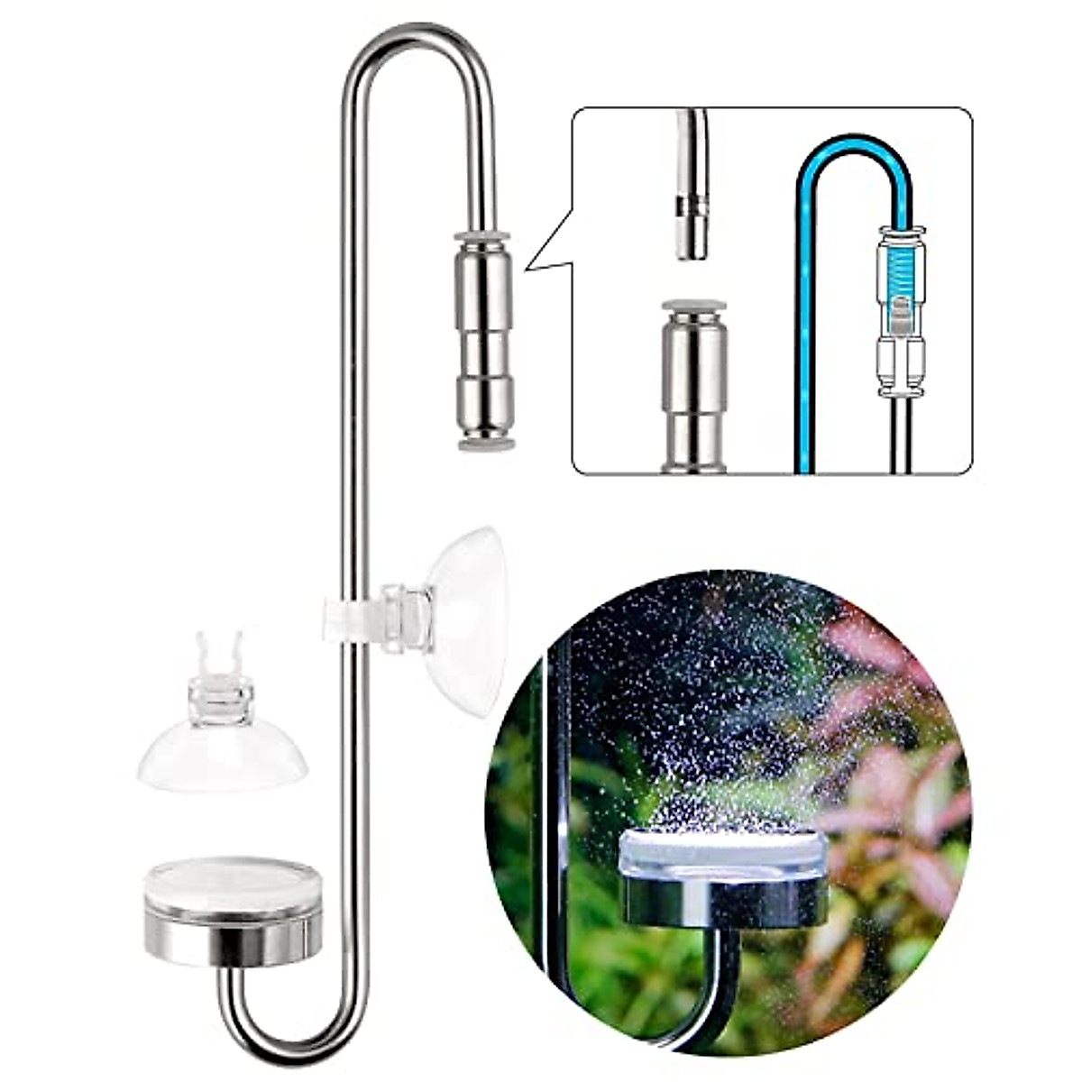 Clscea Aquarium Stainless Steel CO2 Diffuser Atomizer with Integrated Check Valve for Rimless Tanks 25cm