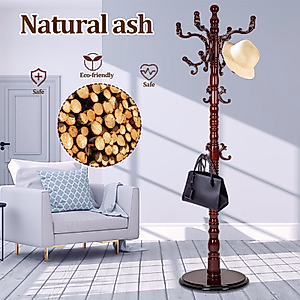 Coat Rack Freestanding, Wooden Coat Rack 14 Hooks, Pure Natural Solid Tree Coat Hanger Stable Disc Base, Adjustable Floor Hanger,for Bedroom Office Hallway Entryway(Mahogany)