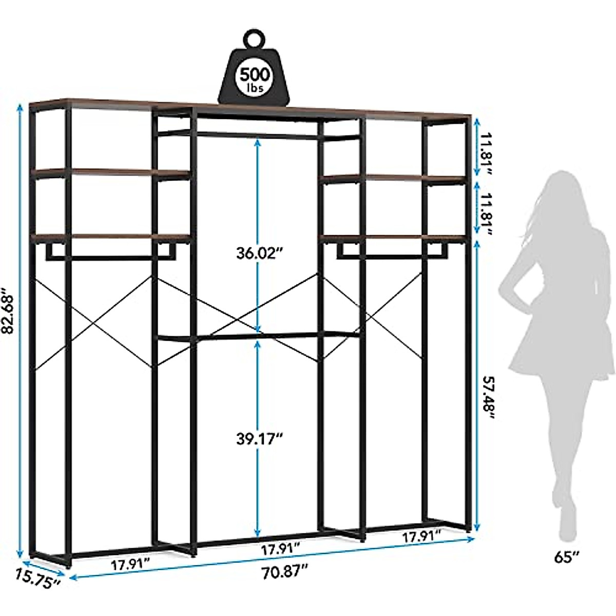 LITTLE TREE Free Standing Closet Organizer, Large Heavy-duty Garment Rack with Shelves and Hanging Rods,Open Wardrobe for Bedroom,Brown