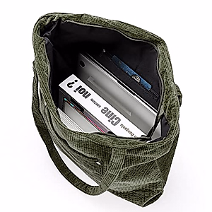 Etercycle Corduroy Tote Bag, Casual Shoulder Bag for Women Big Capacity shopping Handbags Work Tote Bag with Zipper Pockets (Green)