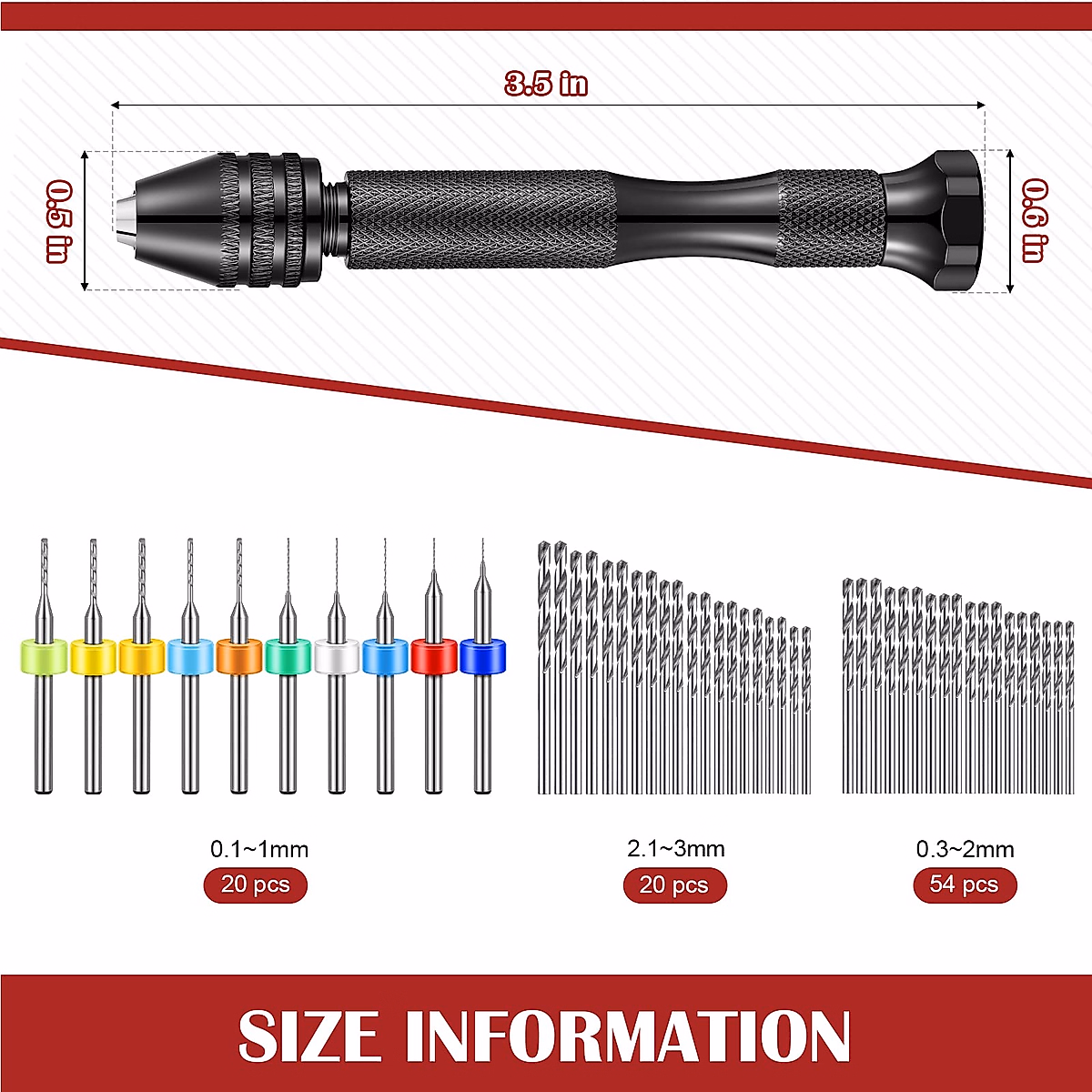 95 Pieces Hand Drill Bits Set, Black Pin Vise Hand Drill, 74 Pieces Micro Twist Drill Bits and 20 Pieces PCB Mini Drill Bits for Resin Polymer Clay Craft DIY Jewelry (0.1-1mm, Random Color Bits)