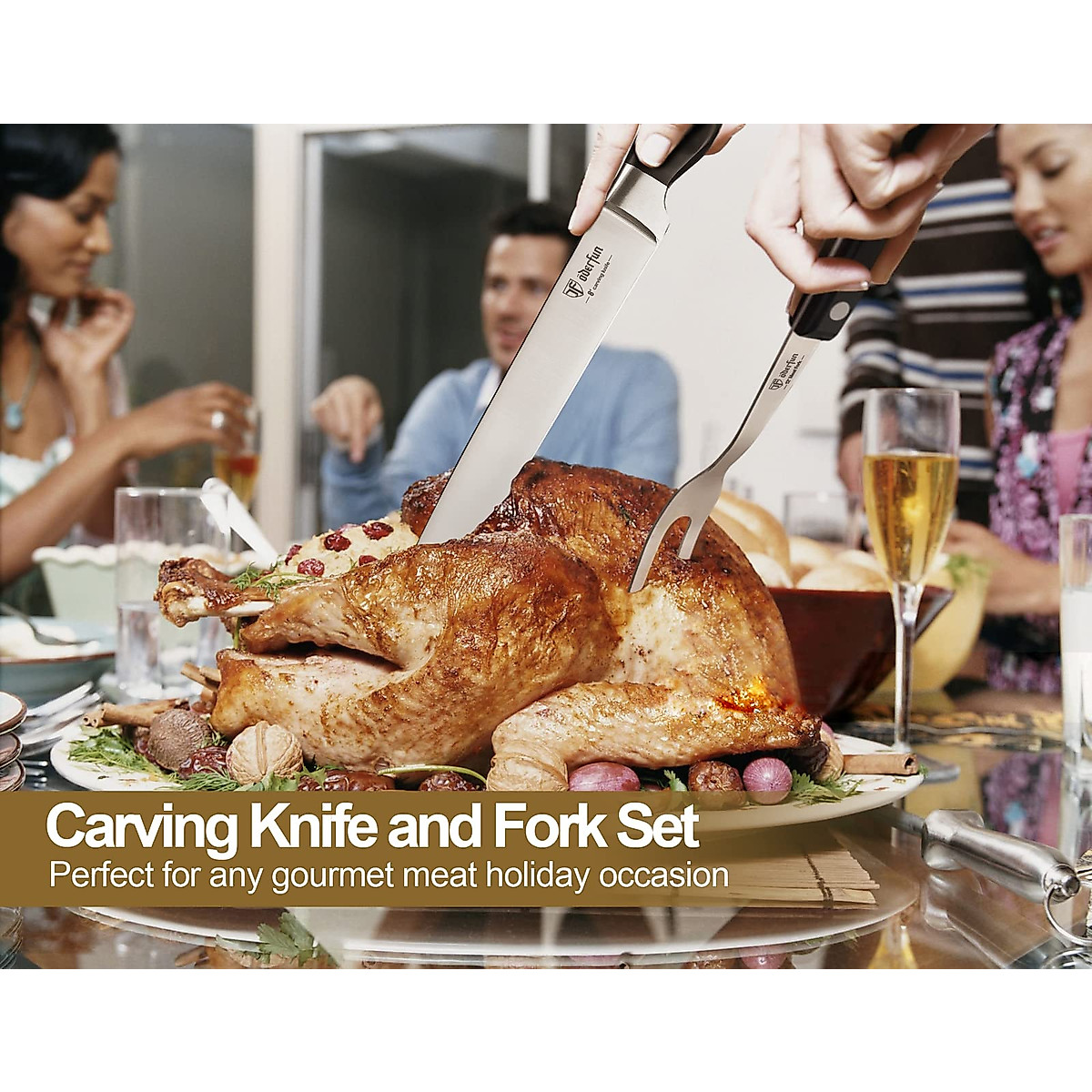 ODERFUN Carving Knife, Classic 4-Piece Carving Set, 8 Inch German Stainless Steel Carving Knife Fork Chef Knife meat tenderizer with Ergonomic & Full Tang Handle, Kitchen Knives for Turkey