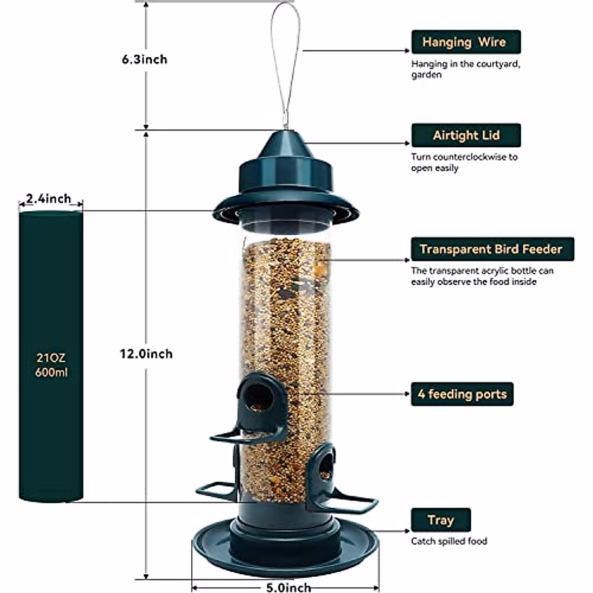 Wiewish Squirrel Proof Bird Feeder for Outdoor Hanging Metal, Plastic Tube Bird Seed Feeder with 4 Ports, Large Capacity, Easy to Fill Metal Birdfeeder for Cardinal, Finch, Blue Jay for Bird Lover