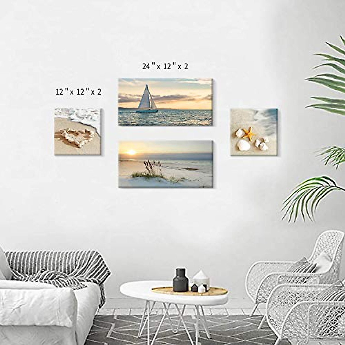Hardy Gallery Beach Picture Sunset Canvas Art: Seascape Painting with Sailboat & Coastal Conch Artwork Wall Art for Bedroom (24'' x 12'' x 2 Panels + 12'' x 12'' x 2 Panels)