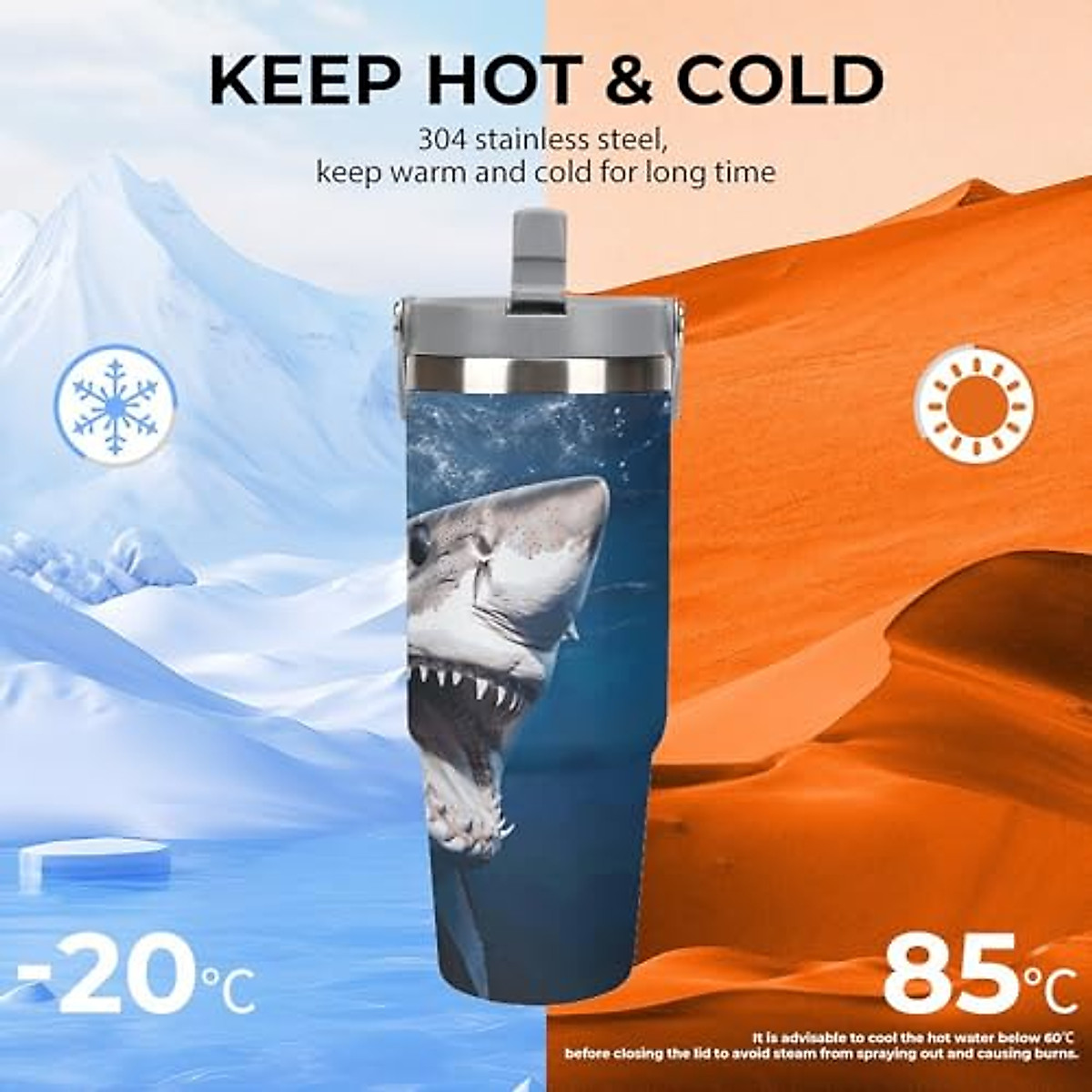 Great White Shark Opens Mouth 30 Oz Tumbler with Handle And Flip Straw, Stainless Steel Vacuum Insulated Travel Mug, Thermal Cup for Coffee, Water, Iced Drinks, Fits Car Cup Holders (Home, Sports)