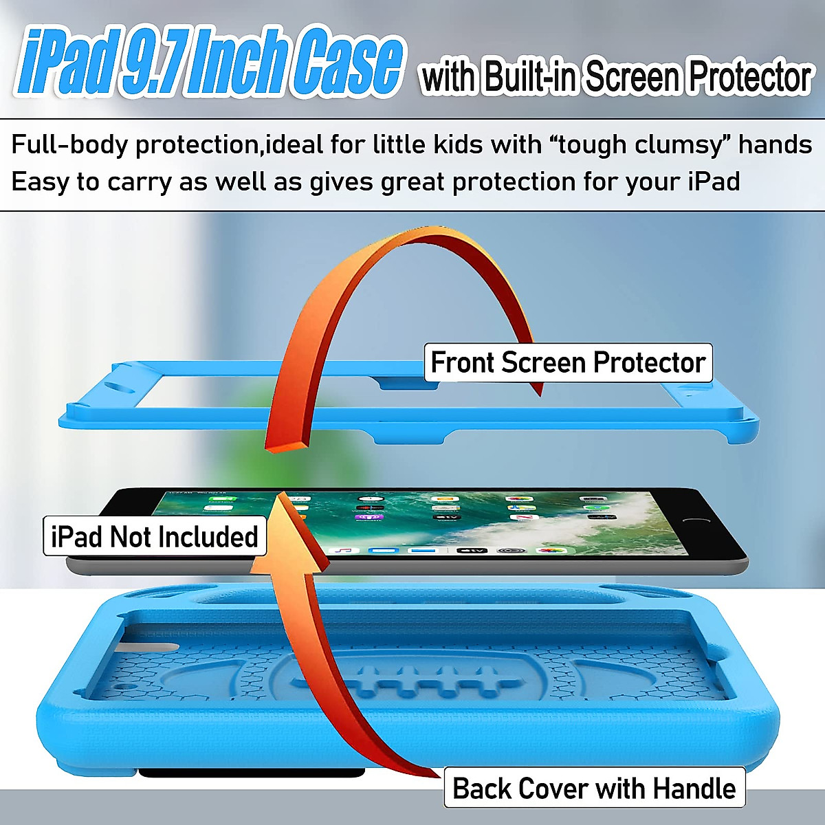 LTROP Kids Case for iPad 6th/5th Generation (2018/2017), iPad 9.7 Inch Case, iPad Air 2 Case for Kids, Built in Screen Protector, Shockproof Handle Stand Case for iPad 9.7 6th/5th Gen/Air 2, Blue