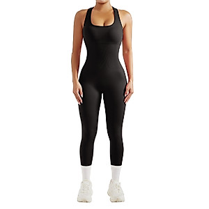 RXRXCOCO Women Backless One Piece Jumpsuits Sleeveless Scoop Neck Bodycon Romper Seamless Workout Yoga Jumpsuits Black Small