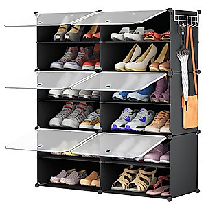Shoe Rack Organizer, 6 Tier Shoe Storage Cabinet with Doors for Closet, Stackable 24 Pair Plastic Shoe Shelves Organizer,Expandable Free Standing Shoe Rack for Entryway Bedroom Hallway