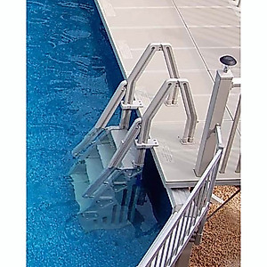 Vinyl Works Deluxe Versatile Adjustable 32 Inch in-Pool Step Ladder Entry System with Double Handrail for Above Ground Swimming Pools, White