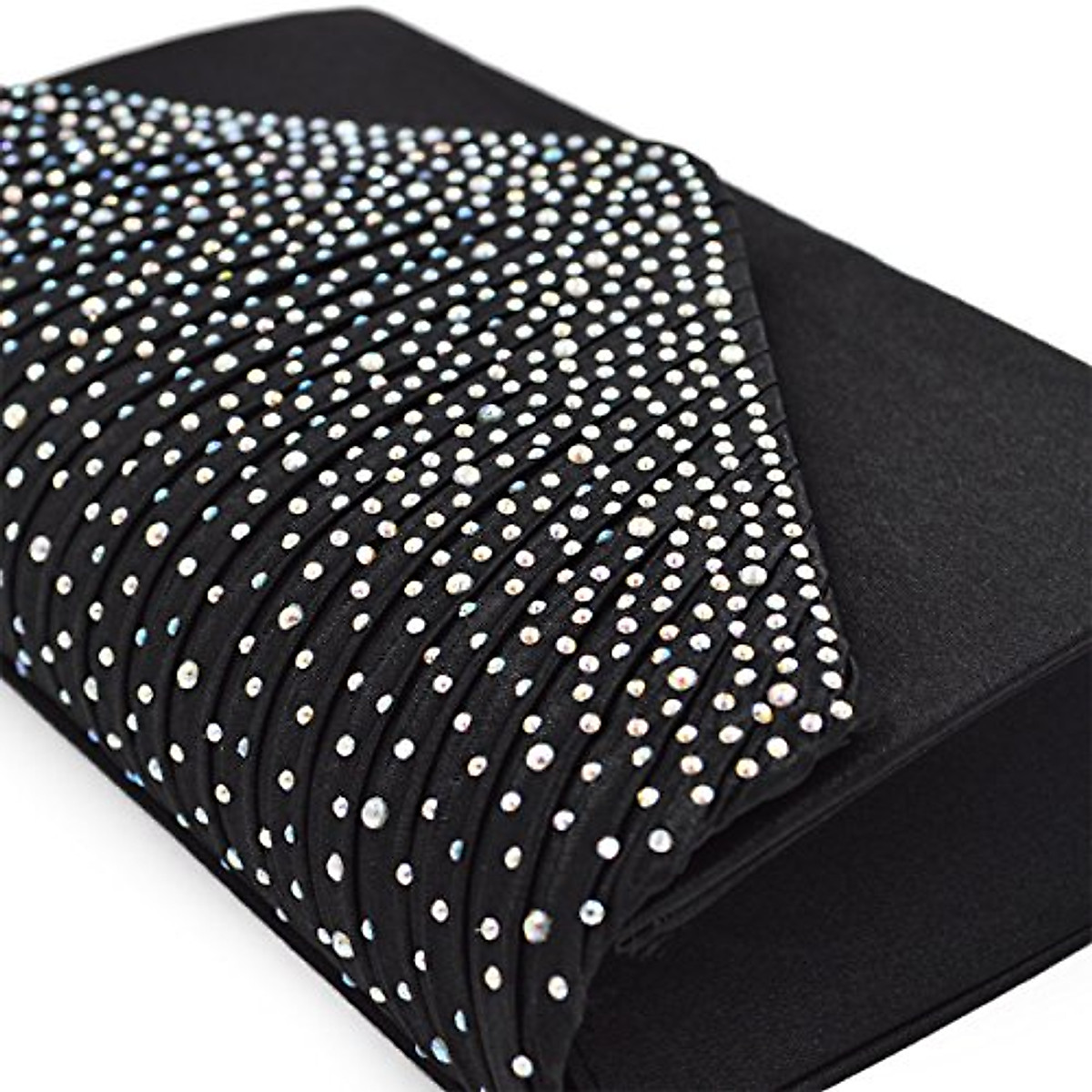 Premium Rainbow Rhinestones Pleated Front Satin Envelope Clutch Evening Bag, Black