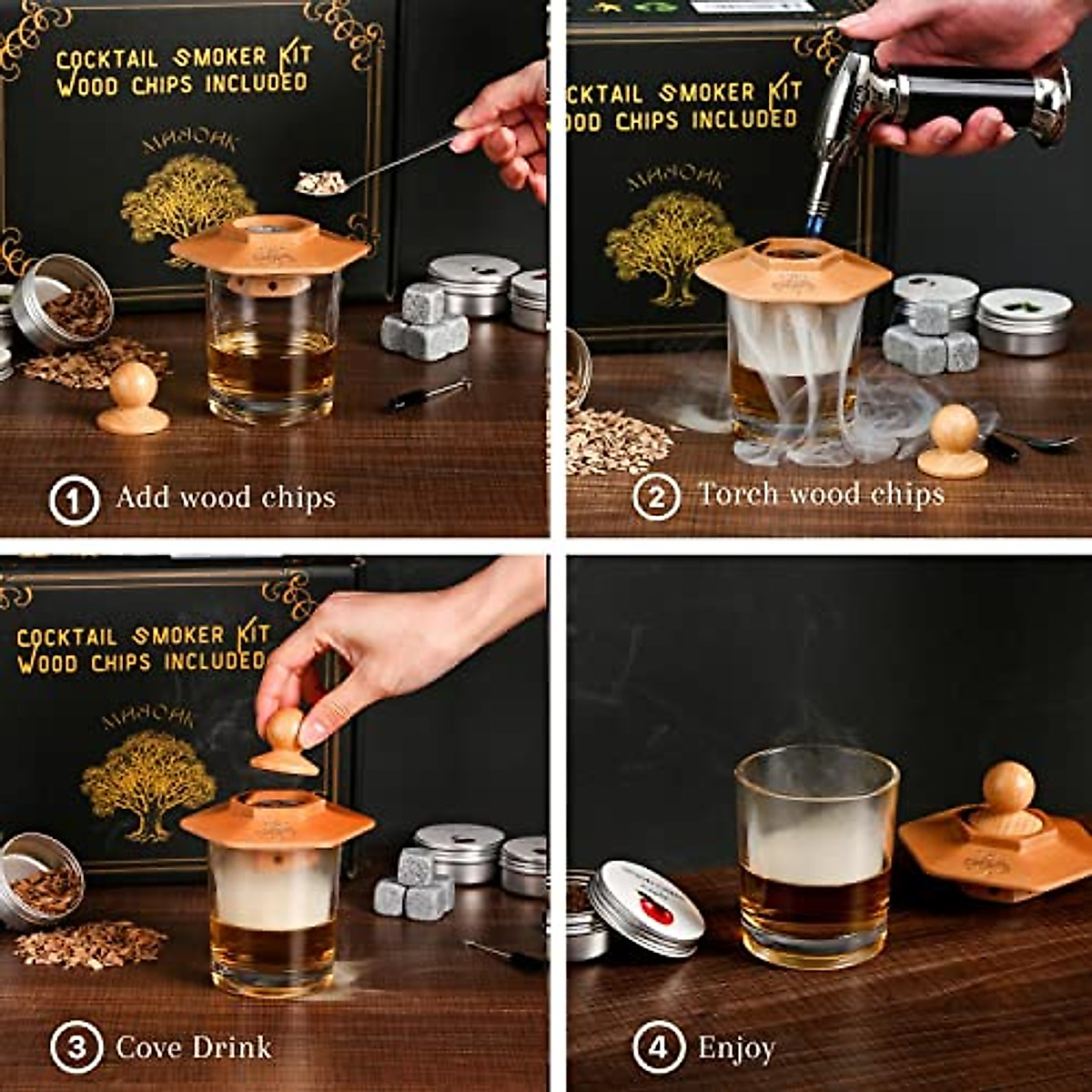 Cocktail Smoker Kit | With Torch and 4 Wood Chips (Apple, Oak, Cheery, Beech)-Old Fashioned Smoker Kit and All in One Whiskey Smoker Kit for Your Home Bar. Bourbon Smoker Kit Gift for Loved Ones