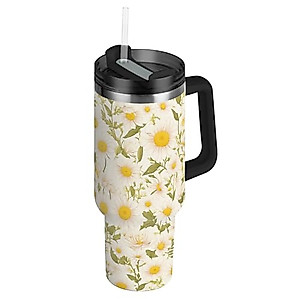 linqin White Daisys Vacuum Insulated Tumbler with Lid and Straw 40 oz Stainless Steel Water Bottle Wide Mouth Travel Coffee Mug with Handle for Home, Office or Car