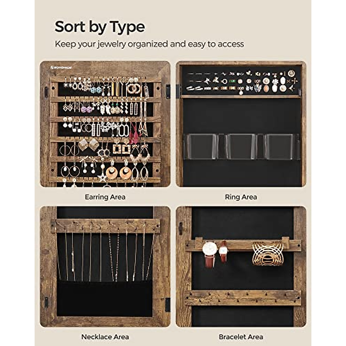 SONGMICS Jewelry Cabinet Armoire, Lockable Wall-Mounted Storage Organizer Unit with 2 Plastic Cosmetic Trays, Full-Length Frameless Mirror, Textured Brown UJJC001X01