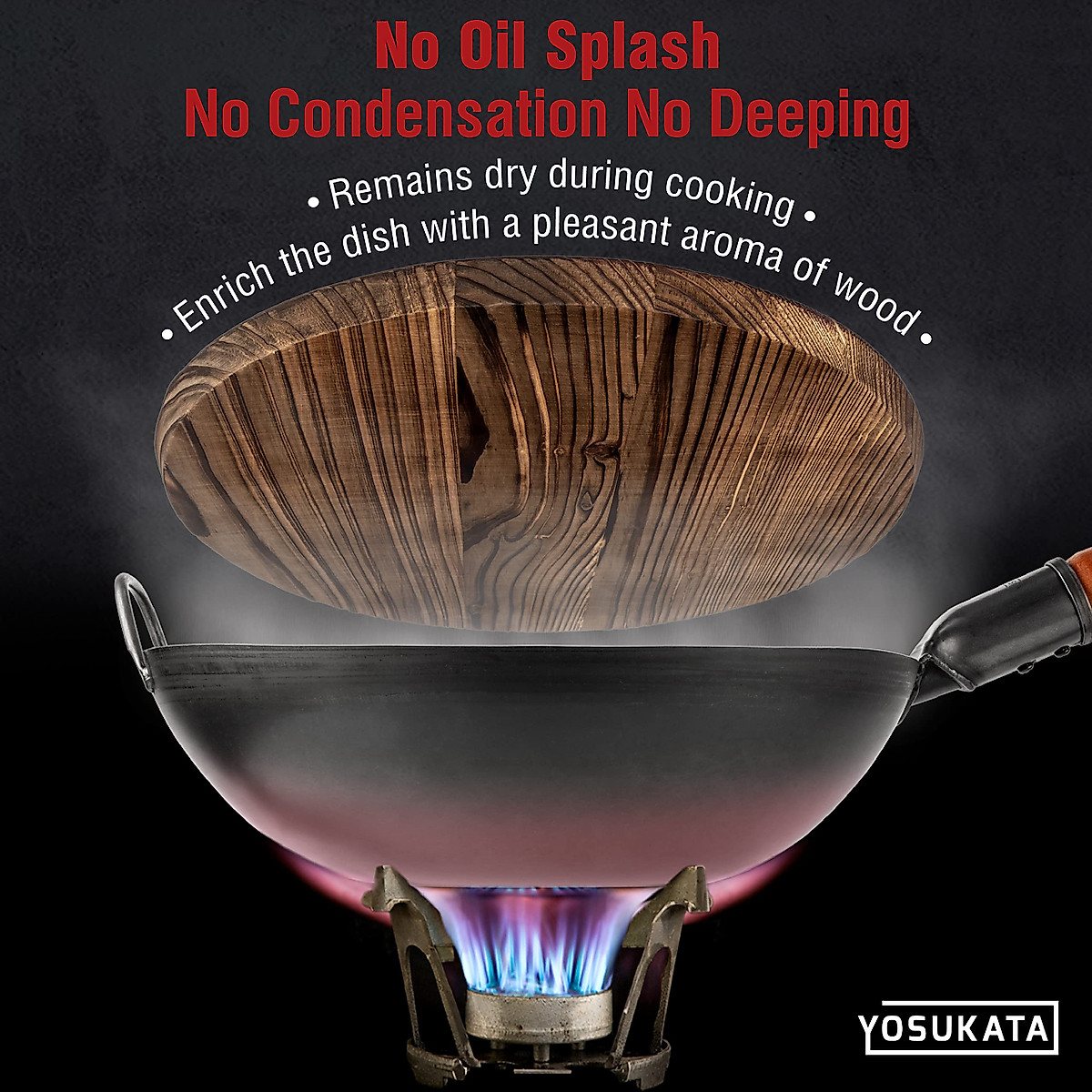 YOSUKATA Flat Bottom Wok Pan 13.5" + Premium Wok Cover 13,5 inch Pan Lid - Blue Carbon Steel Wok with Wooden Wok Lid 13,5 in with Ergonomic Handle