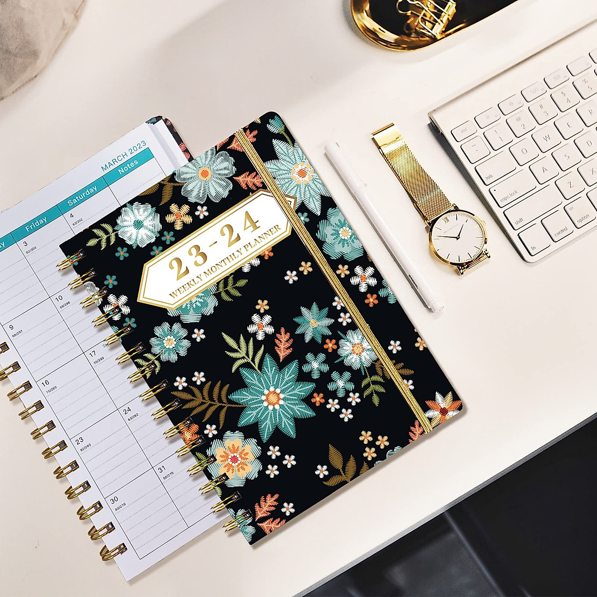 Ymumuda 2023 Planner, Weekly Monthly Planner 2023, 12 Months, JAN.2023 - DEC.2023, 8.4"×6", Spiral Planner Notebook with Stickers, Elastic Closure, Inner Pocket, Coated Tabs, Blue Embroidery Floral