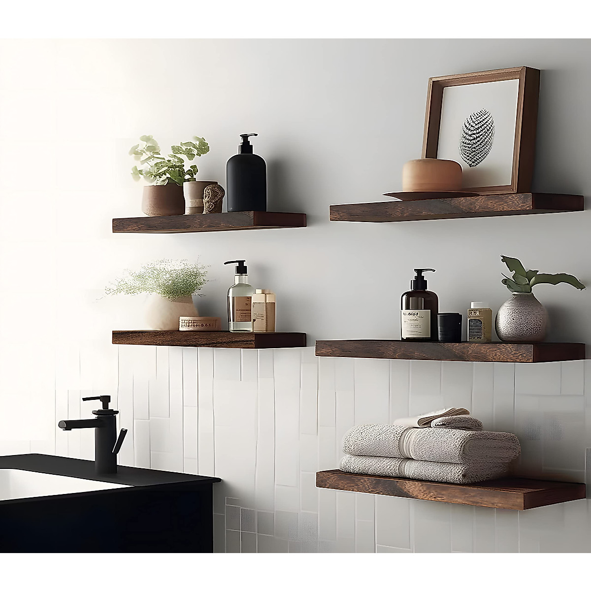 IKJZIZP Rustic Farmhouse Floating Shelves for Wall Decor Storage Wood Wooden Wall Shelves for Bedroom Bathroom Kitchen Living Room - Brown Set of 4