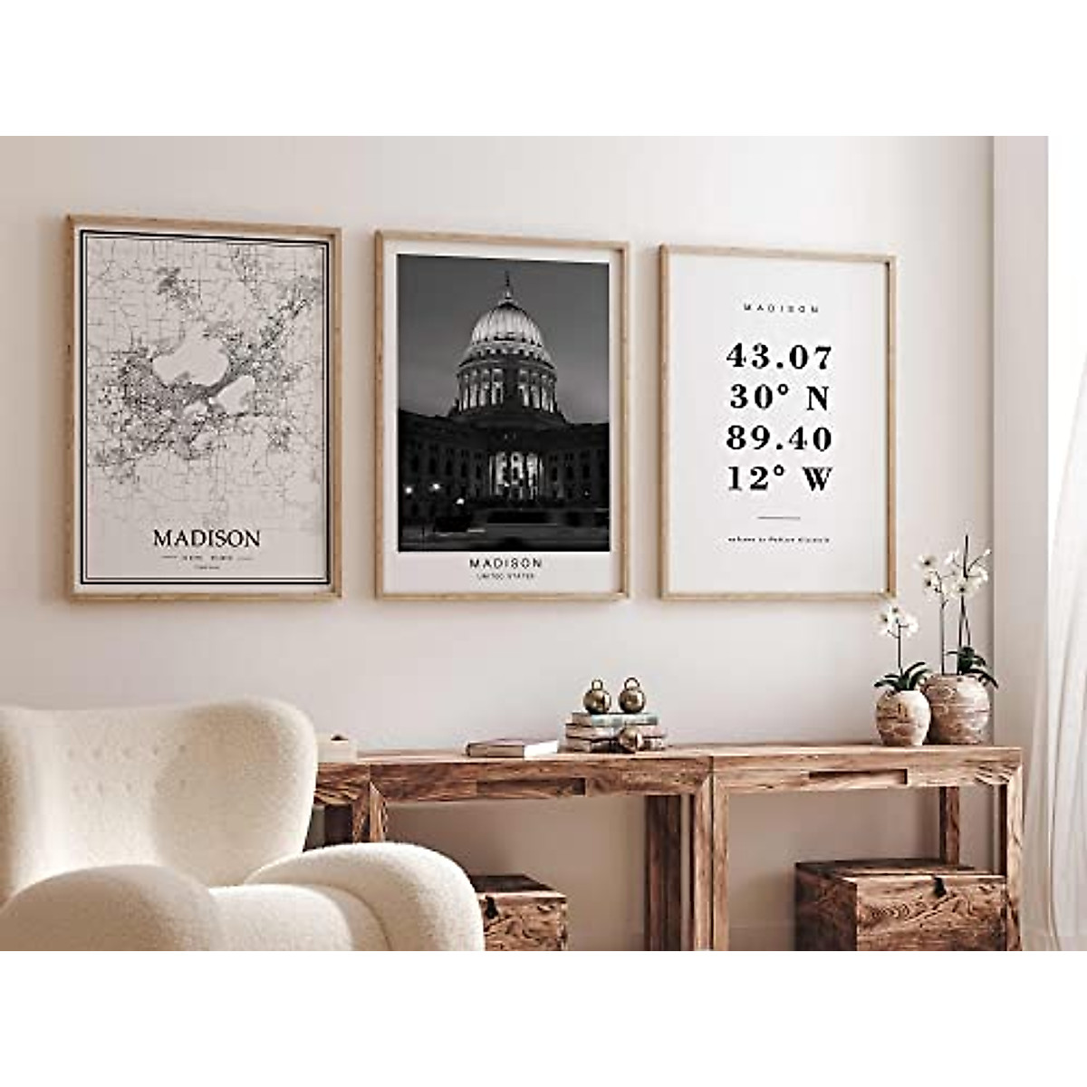 Dear Mapper Madison United States View Abstract Road Modern Map Art Minimalist Painting Black and White Canvas Line Art Print Poster Art Line Paintings (Set of 3 Unframed) (12x16inch)