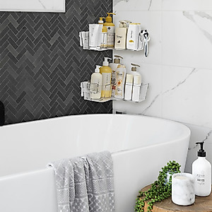 YEUIKERR 2 Pack Corner Shower Caddy Shelf Acrylic Clear Bathroom Corner Shower Organizer with Hook, Adhesive Wall Mounted Plastic Corner Shower Shelves for Bathtub, Dorm, Kitchen, No Drilling