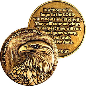 Christian Eagle Challenge Coin, Antique Gold-Color Plated, American Bald Eagle & Isaiah 40:31