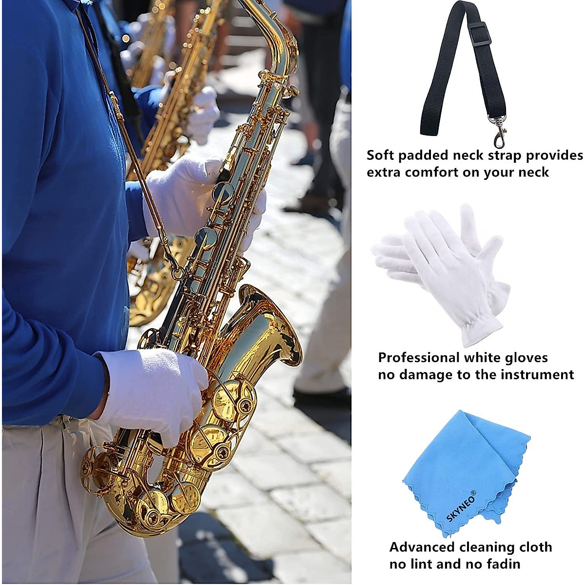 SKYNEO Saxophone Cleaning kit, Clarinet Cleaning Kit with Maintenance Kit,Cork Grease,Swab,Strap,Cleaning Cloth,Thumb Rest,Reed Case,Mouthpiece Brush and More