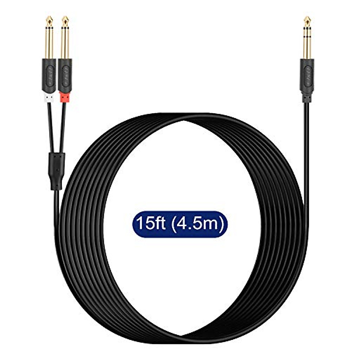 J&D 1/4 inch TRS Stereo Y Splitter Insert Cable, Gold Plated Audiowave Series 6.35mm 1/4 inch TRS Male to Dual 6.35mm 1/4 inch TS Male Mono Breakout Cable, Audio Cord, 15 Feet