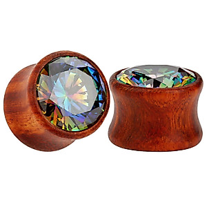 TBOSEN 5 Pairs Set Gauges Wood Tunnels Earrings Zircon Stone Body Jewelry Stretching Tapers Expanders Wooden Ear Plugs