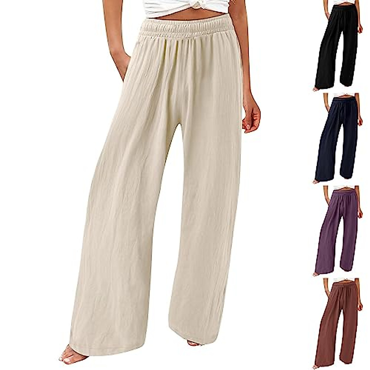 IAMAGOODLADY Palazzo Pants Women's 9-Pant Loose High Waist Cotton Linen Women's High Waisted Pants Linen Pants Women Summer Waisted Elastic Waistband Palazzo