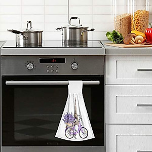 2 Pack Purple Lavender Eiffel Tower Hanging Kitchen Towels Romantic Spring Floral Bicycle Hand Towel with Loop Soft Microfiber Dish Towels Tie Towel for Bathroom Absorbent Washcloth