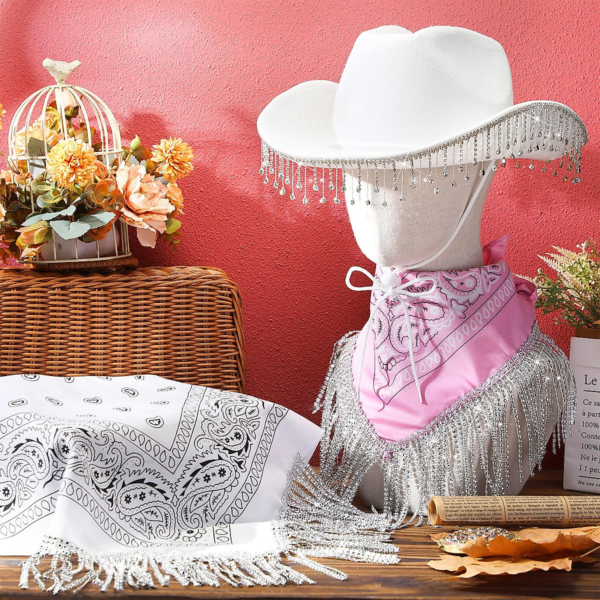 Xtinmee 5 Pcs Rhinestone Cowgirl Hat Bandana with Fringe Earrings 1 Cowboy Hat 2 Disco Fringe Tassel Bandanas and 2 Earrings (White,Modern Style)