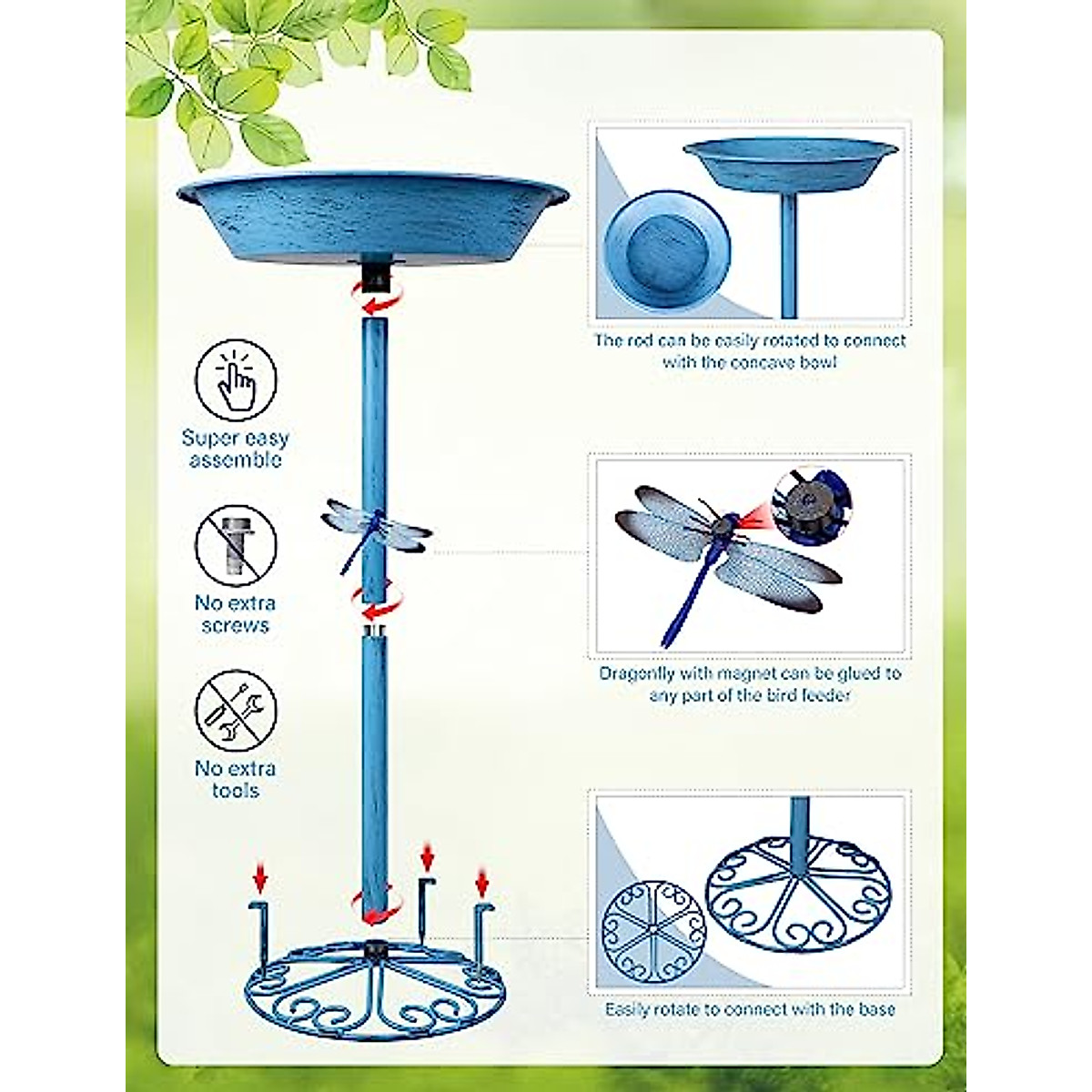 Bird Baths for Outdoors 25.5 Inch Height Outdoor Garden Bird Feeder Metal Birdbath with Dragonfly for Garden Yard and Lawn Decoration,Blue