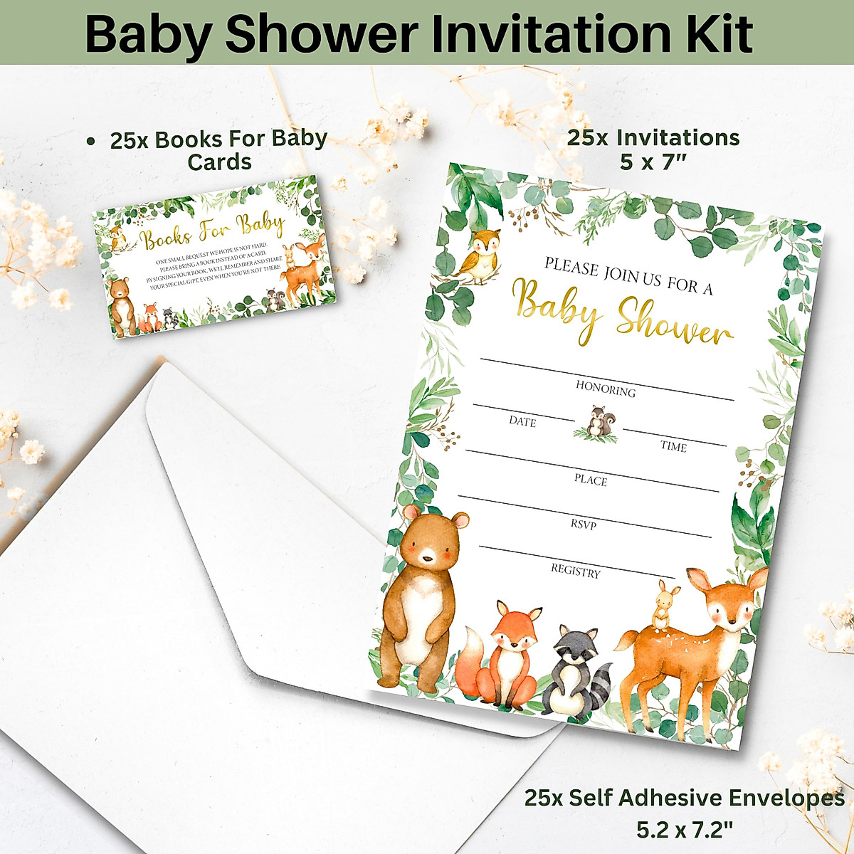 153 Pc Woodland Baby Shower Invitations For Boy And Girl With Envelopes, Baby Thank You Cards, Book Request Cards, Diaper Raffle Box With Ticket & Sign, Guess How Many Baby Shower Game -25 Guest Set