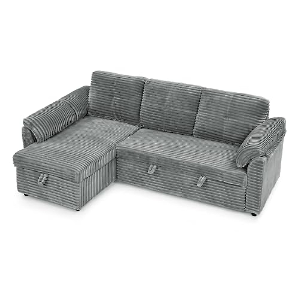 Corduroy Tufted Upholstered Left Facing Sleeper Sectional Sofa, L-Shaped Pull Out Sleep Couch Bed Modular Convertible Sofabed with Right Storage Chaise and Pillow-top Armrests for Living Room
