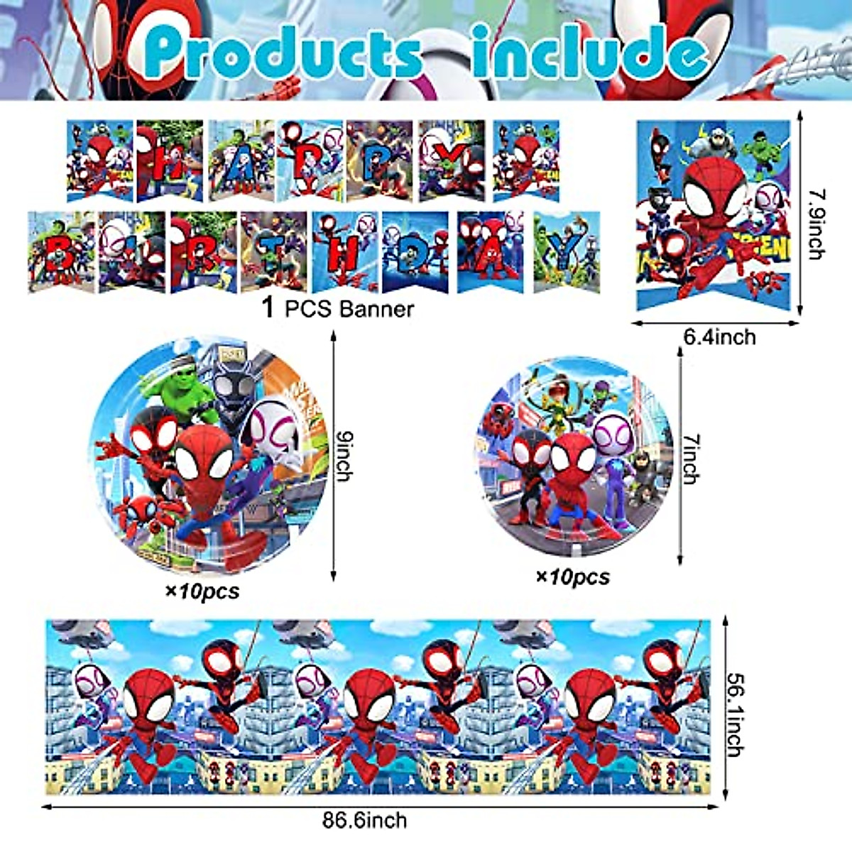Spider and His Amazing Friends Birthday Party Supplies，Spider Theme Party Decorations With 20 Plates 10 Paper Towels 1 Tablecloth 1 Set of Banners and Cake Inserts， for Fans SPlDERMER Party Supplies