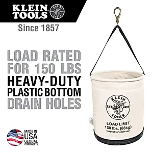 Klein Tools 5109SLR Canvas Bucket, All-Purpose Tool Bucket with Plastic Bottom with Drain Holes, Work Bucket is Load Rated Up to 150-Pounds
