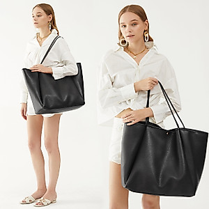 HOXIS Oversize Pu Leather Tote Women Weekender Bag Shopper Handbag Travel Purse (Black)