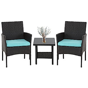 FDW 3 Piece Outdoor Furniture Set Patio Wicker Chairs Furniture Bistro Conversation Set 2 Rattan Chairs with Blue Cushions and Glass Coffee Table for Porch Lawn Garden Balcony Backyard