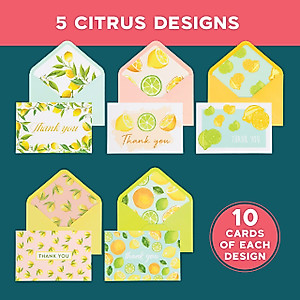 VNS Creations Lemon Thank You Cards with Envelopes & Stickers (50 pack, 5 Citrus Designs) - 4x6 Bridal Shower Thank You Cards for Citrus Themed Bridal Shower, Weddings, Kids Birthday, and Baby Shower