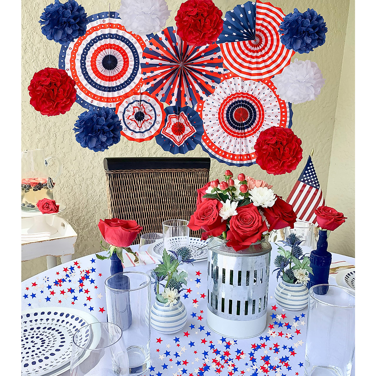 29PCS 4th/Fourth of July Patriotic Decorations Set - Red White Blue Paper Fans,USA Flag Pennant,Star Streamer,Pom Poms,Hanging Swirls Party Decor Supplies