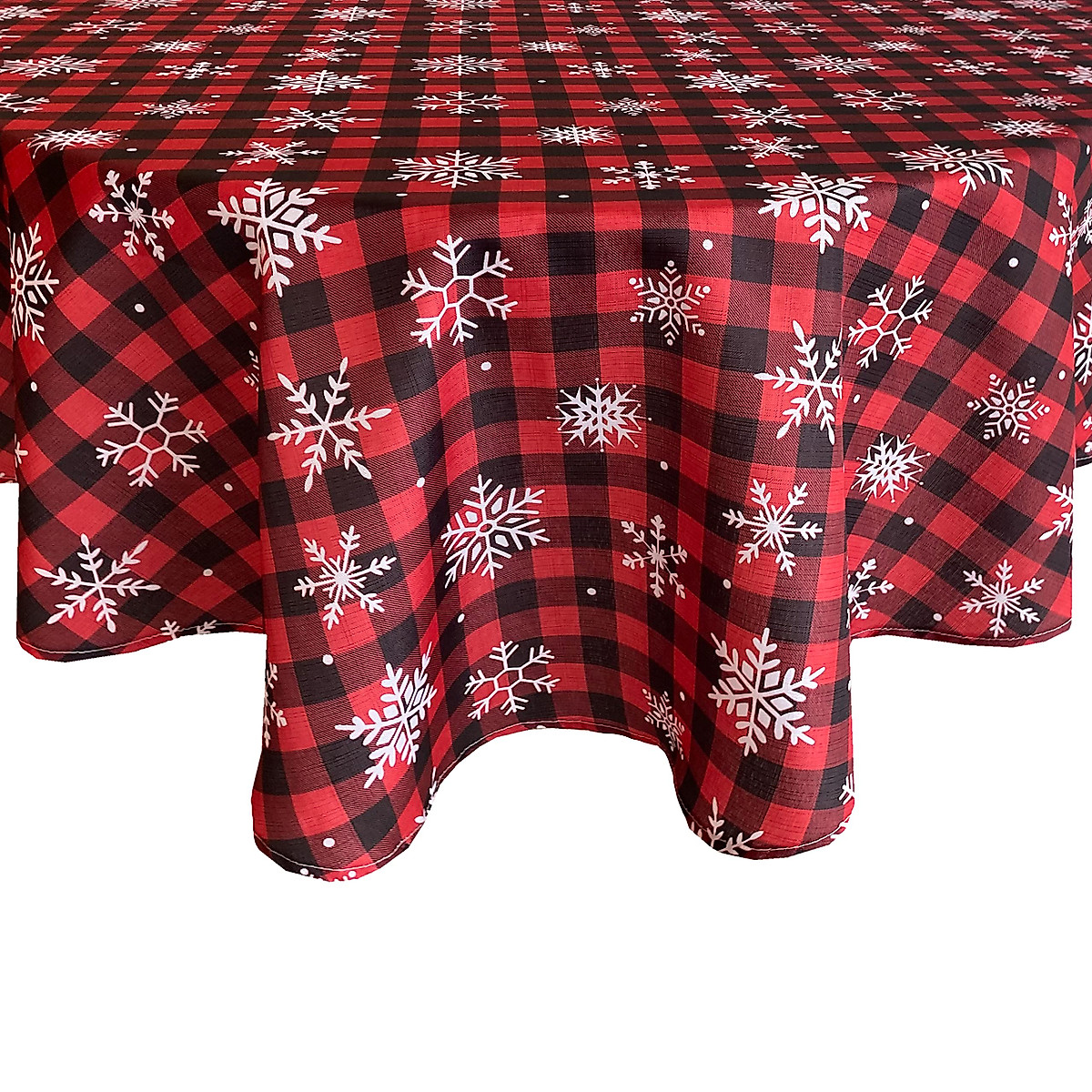 Lintex Red/Black Snowflake Plaid Festive Christmas Fabric Tablecloth, Red, Black and White Plaid Country Rustic Xmas Holiday Tablecloth, 70” Round
