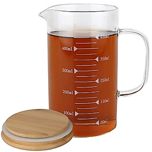 KINNOSE Graduated Beaker Mug with Handle and Durable Bamboo Lid Borosilicate Glass Multi-Function Food Grade Measuring Cup 500ml