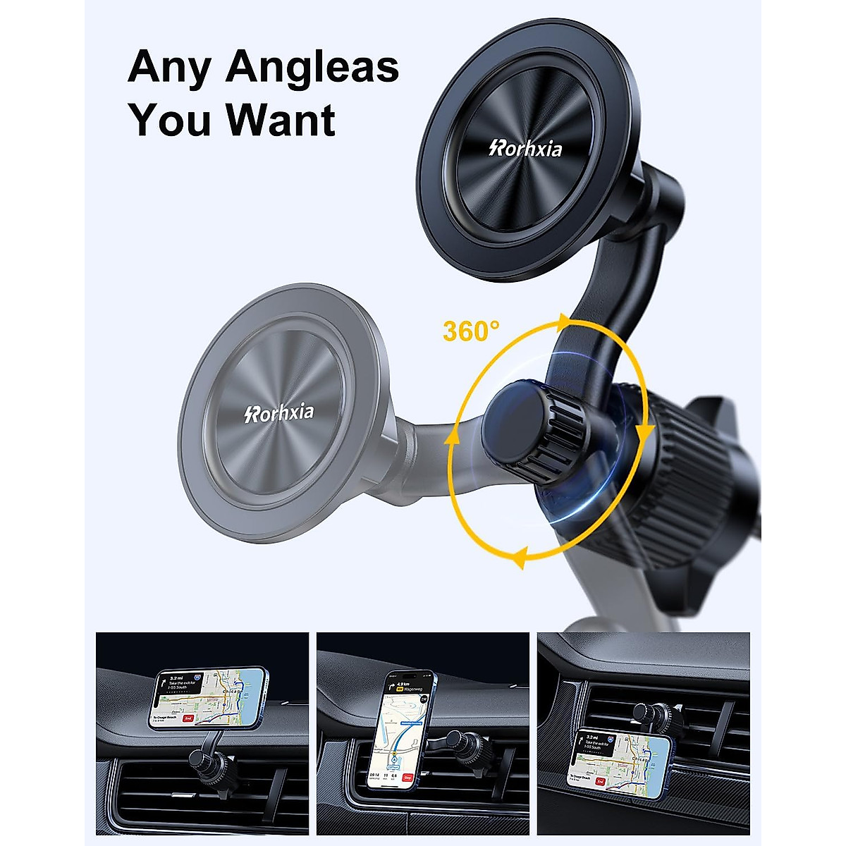 Rorhxia Fits MagSafe Car Mount, [Never Blocking Vent, Enjoy Comfort of A/C] [20 Strong Magnets] Magnetic Phone Holder for Car Universal Extension Vent Clip Car Phone Holder Fit for iPhone 15 Pro Max